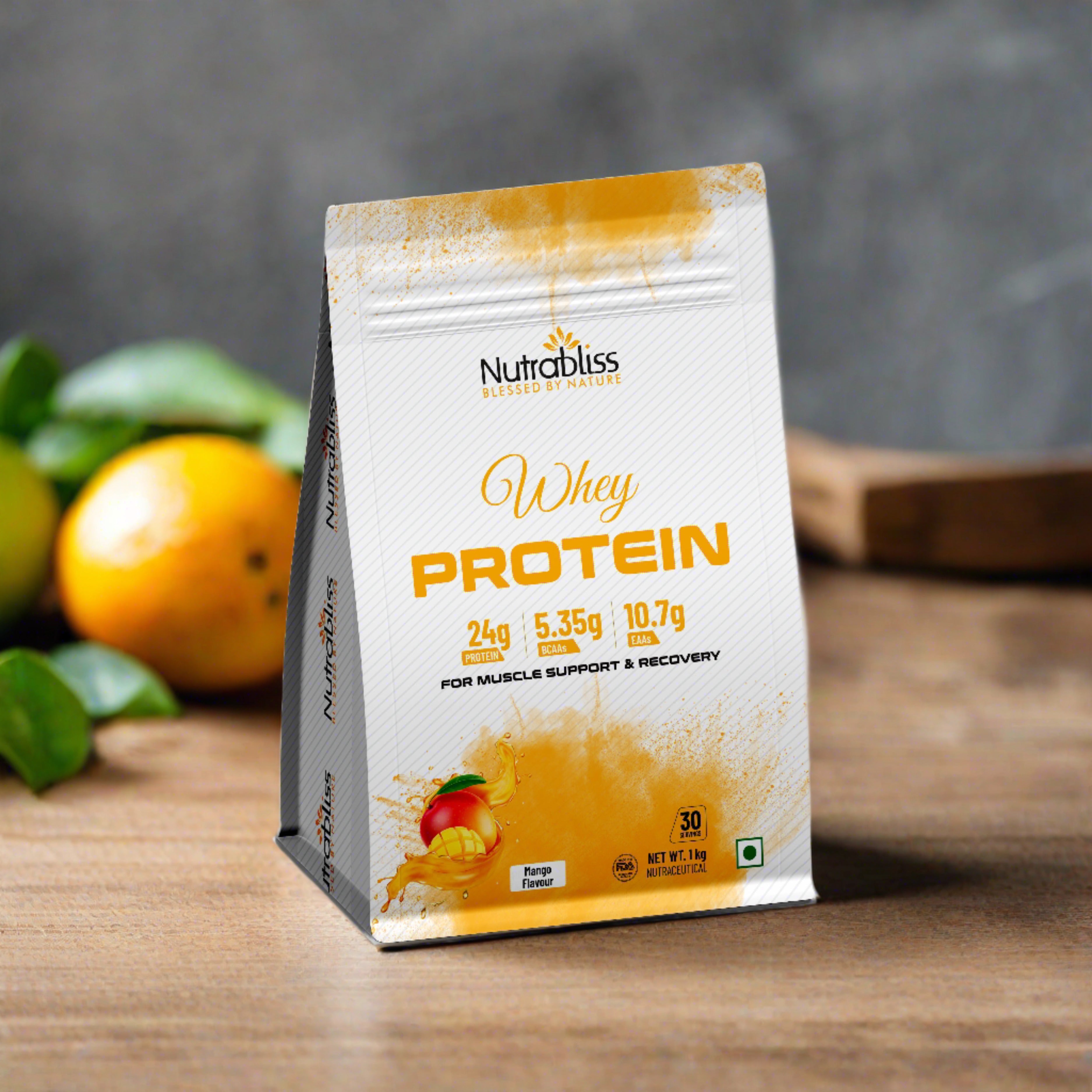 Nutrabliss Whey Protein | Mango Flavour | 30 Servings 1 Kg